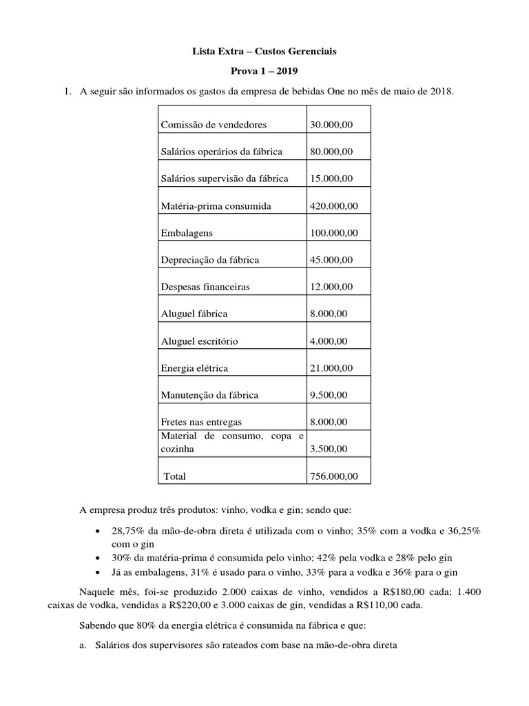 Lista Extra Custos Gerenciais | PDF | Férias trabalhistas | Despesa