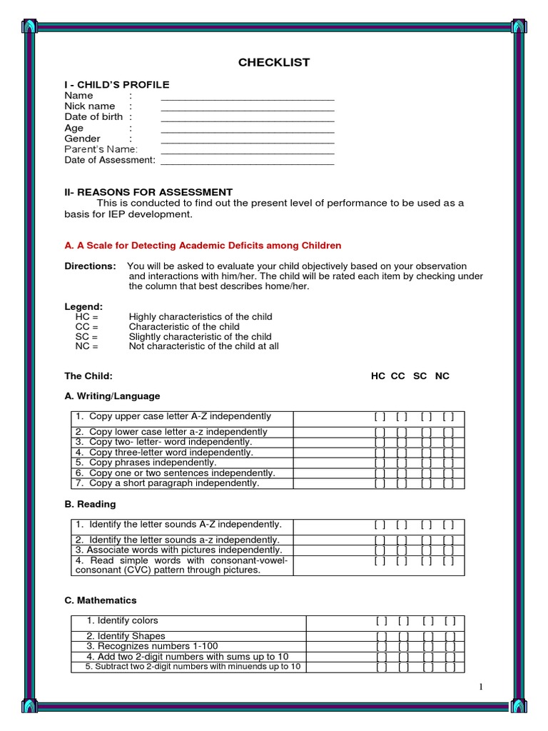 Checklist: I-Child'S Profile | PDF | Cognition | Behavioural Sciences