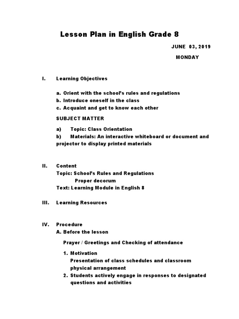 Lesson Plan in English Grade 8 JUNE 3 | PDF