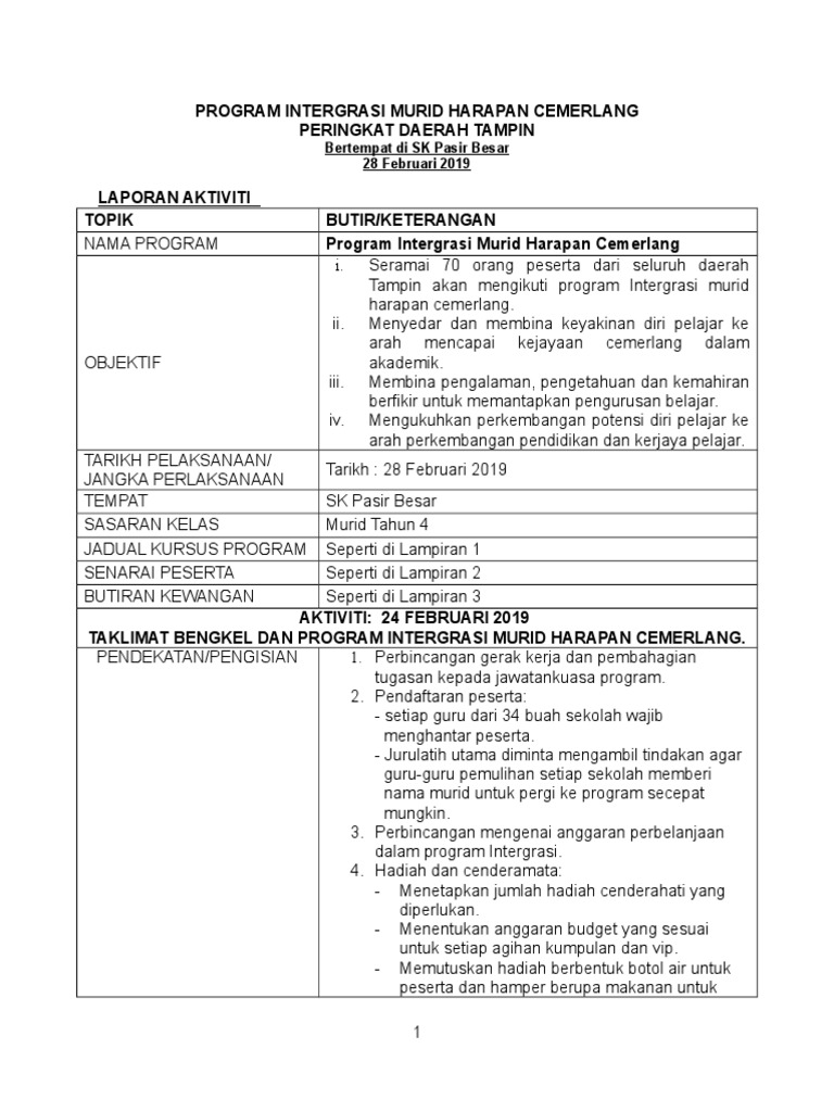 Laporan Program Integrasi Murid Harapan Cemerlang | PDF