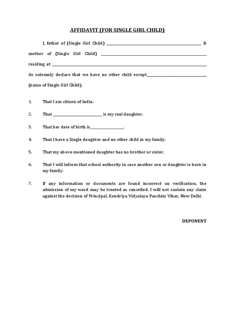 1791358018affidavi1 Single Girl Child For Admission | PDF | Wellness