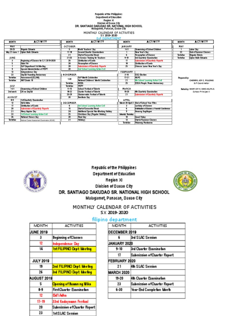 Calendar of Activities FILIPINO | PDF | Observances | Philippines