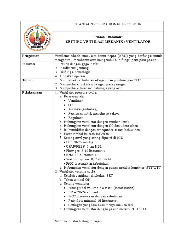 SOP Setting Ventilasi Mekanik | PDF
