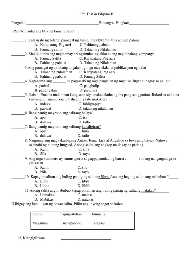 Pre-Test Filipino 3 | PDF