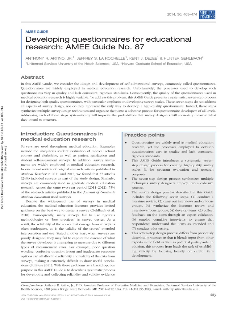 Developing Questionnaires For Educational Research: AMEE Guide No. 87 ...