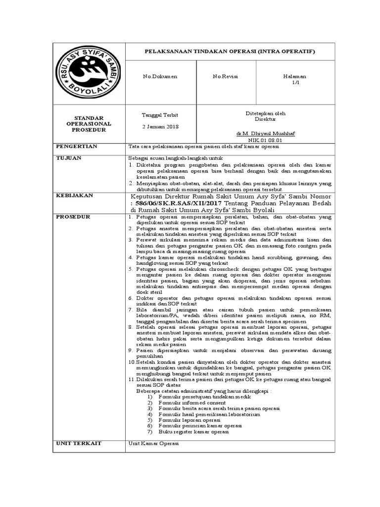 Prosedur Pelaksanaan Operasi Intra Operatif | PDF