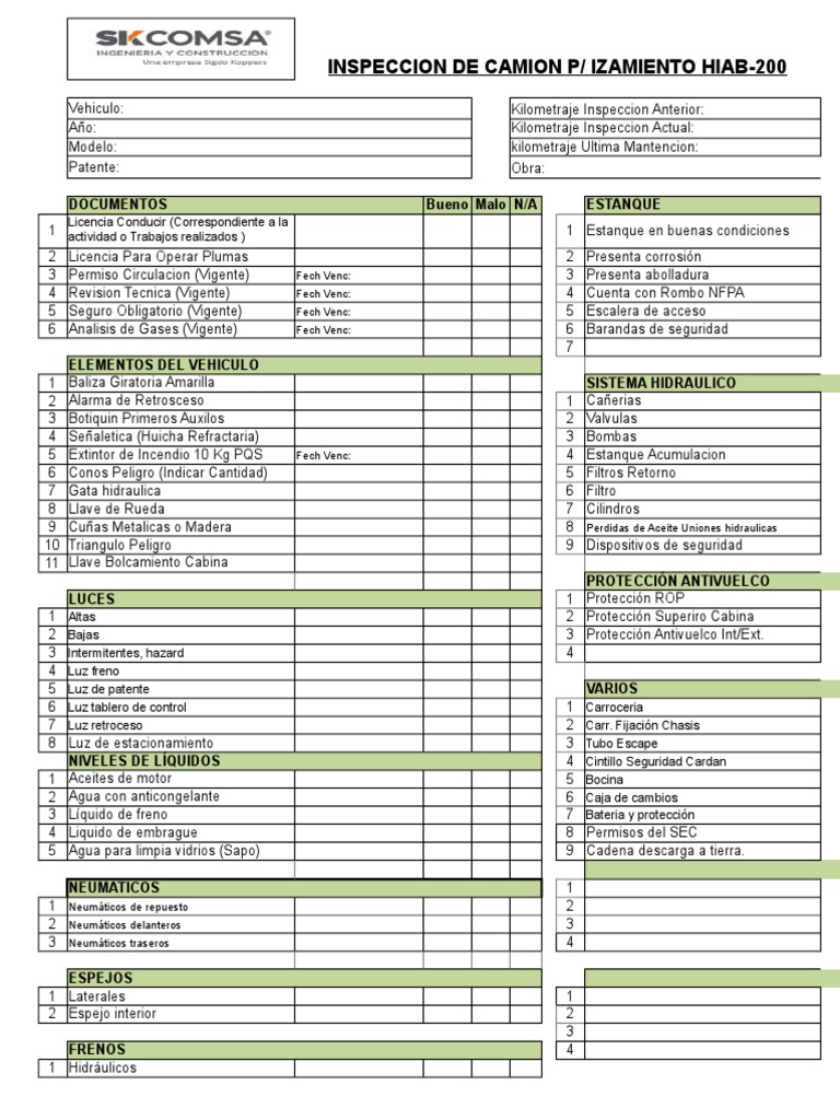Check List Camión Aljibe | Camión | Neumático