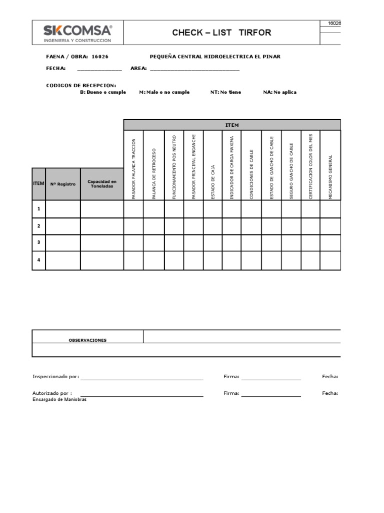 RG Hsec 10 Check List Tirfor | PDF