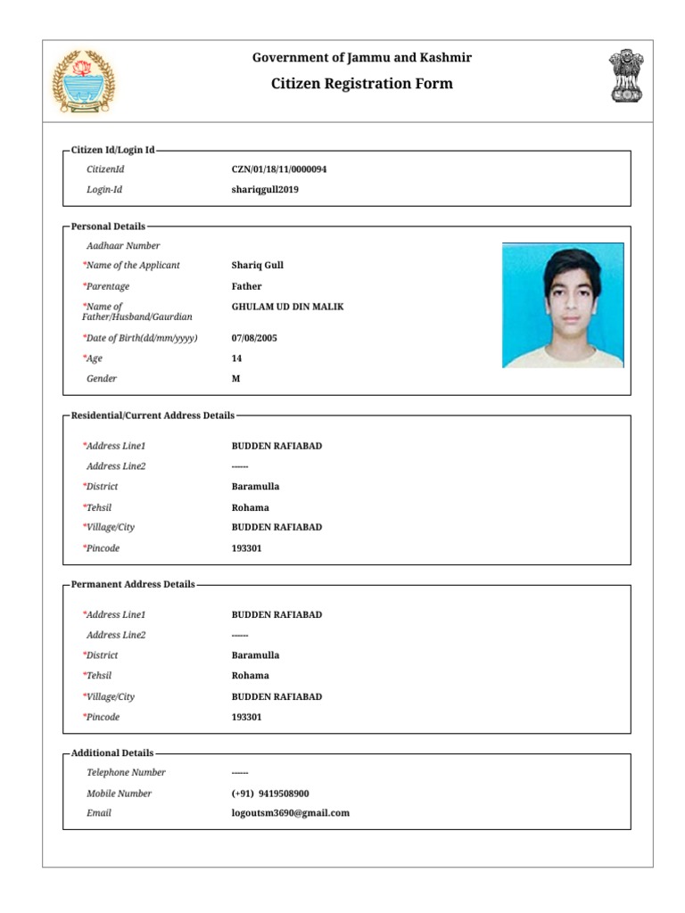 Citizen Registration Form: Government of Jammu and Kashmir | PDF
