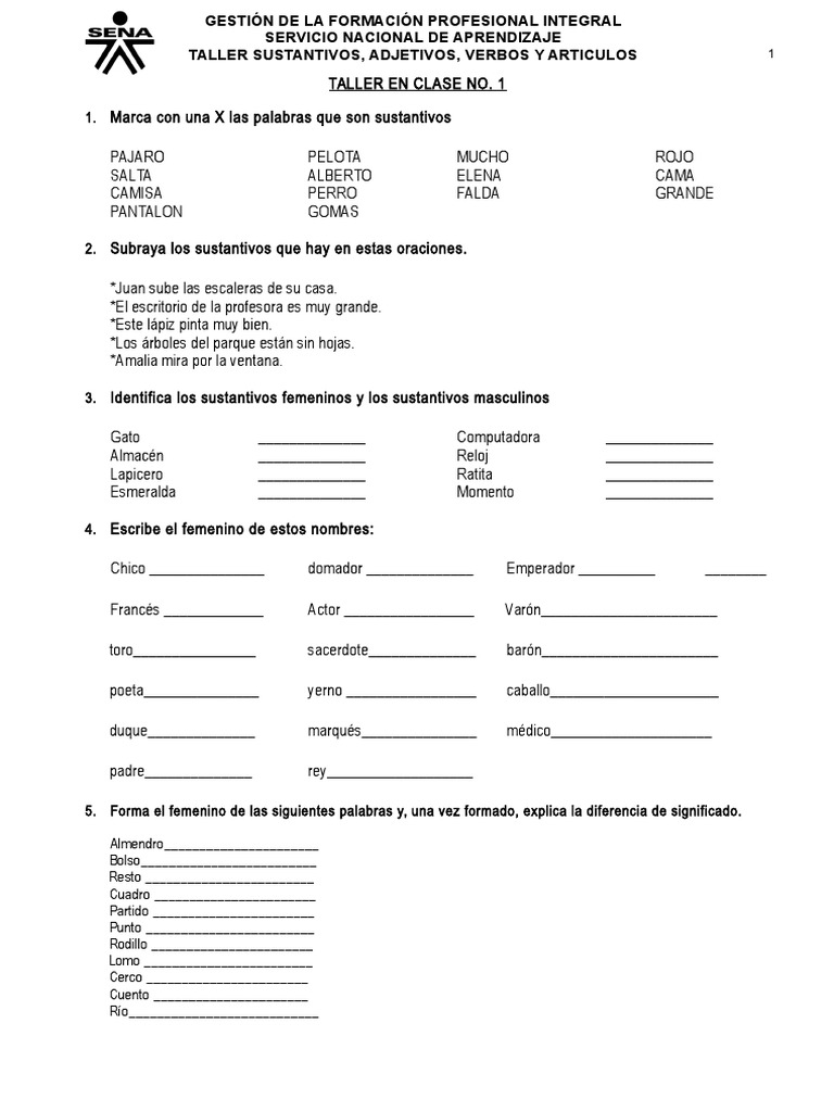 Taller 1. Sustantivos, Adjetivos, Verbos y Articulos | Adjetivo ...