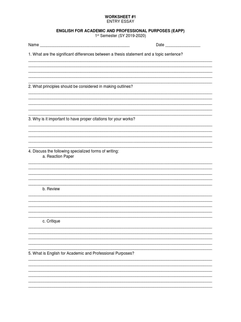 Entry Essay Worksheet For EAPP | PDF