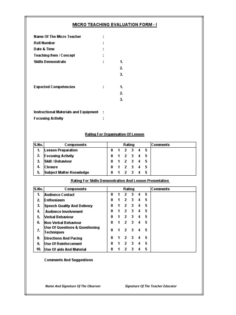 Micro Teaching Evaluation Form - I: Name and Signature of The Observer ...