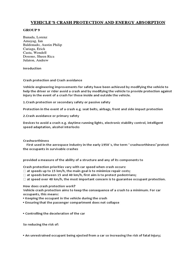 Vehicle'S Crash Protection and Energy Absorption: Group 9 | PDF ...