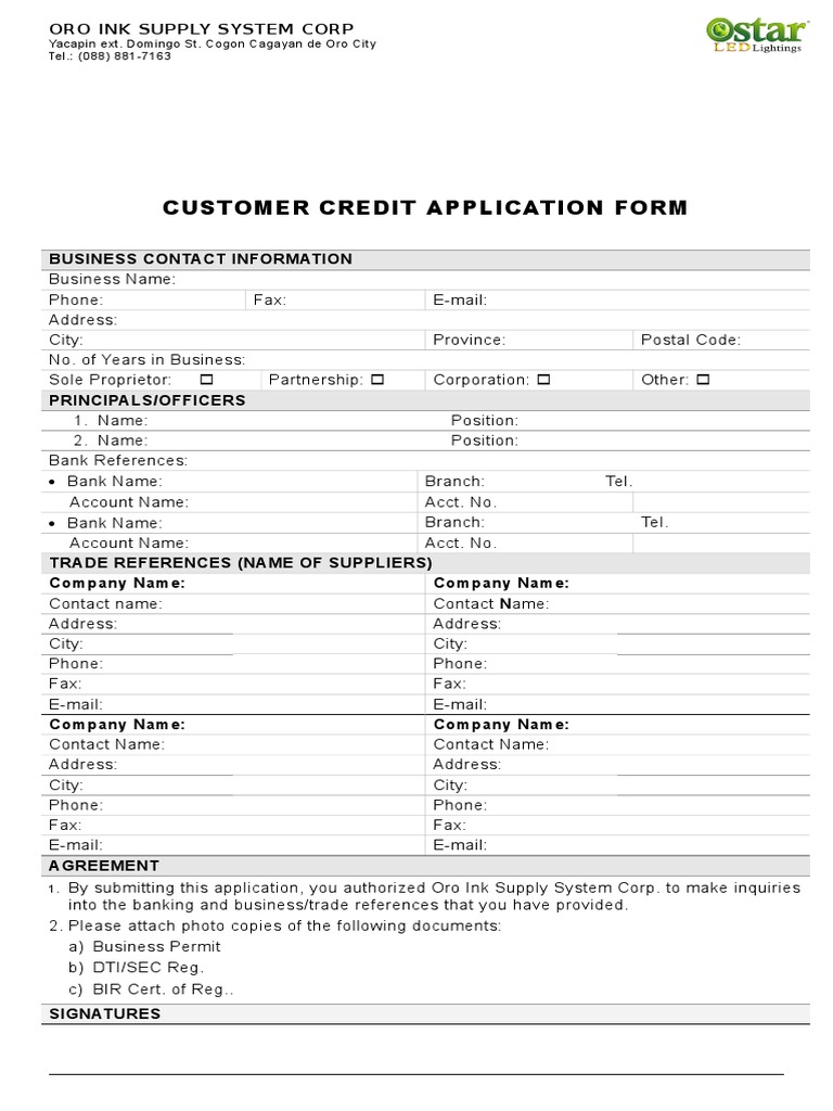 Customer Credit Application Form: Oro Ink Supply System Corp | PDF ...