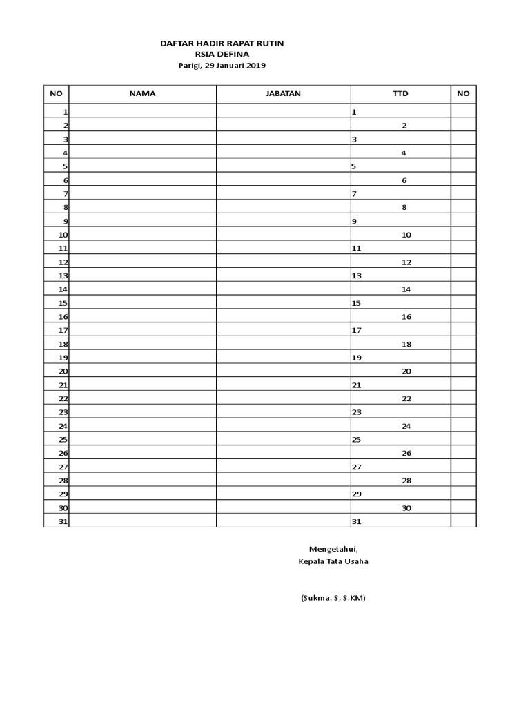 Daftar Hadir Rapat Rutin Daftar Hadir Rapat Rutin Rsia Defina Rsia ...