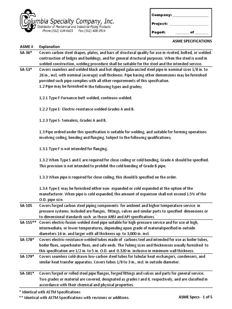 ASME Specifications Overview | PDF | Pipe (Fluid Conveyance) | Heat ...