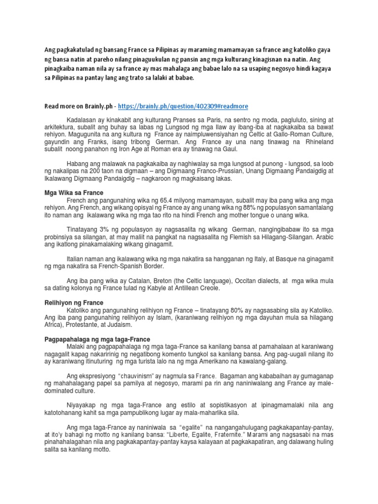 Ang Pagkakatulad NG Bansang France Sa Pilipinas Ay Maraming Mamamayan ...