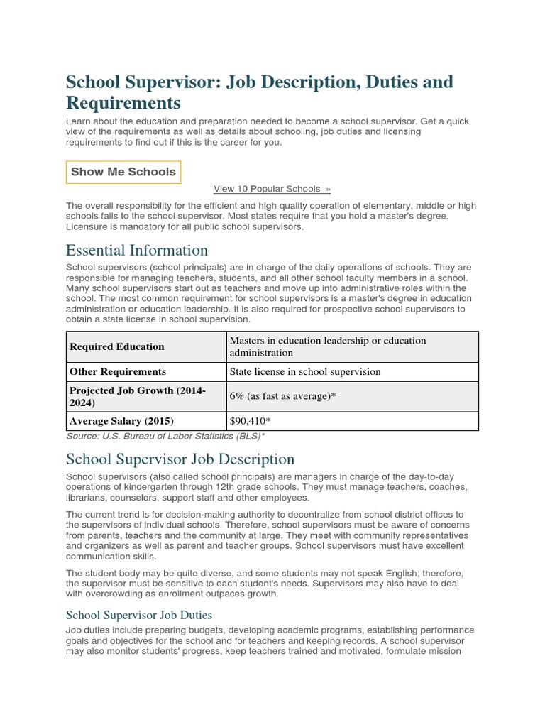 School Supervisor: Job Description, Duties and Requirements: Essential ...