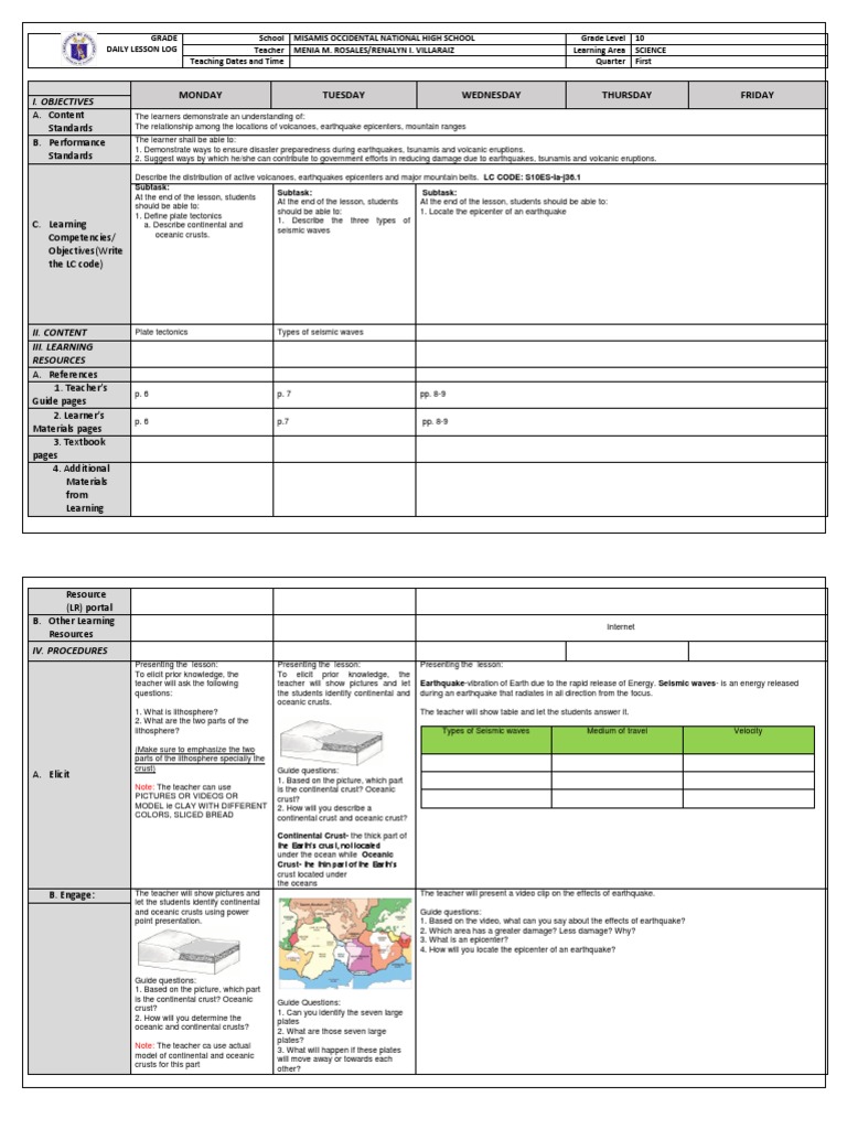 Grade 10 Science Lesson Plan | PDF | Earthquakes | Plate Tectonics