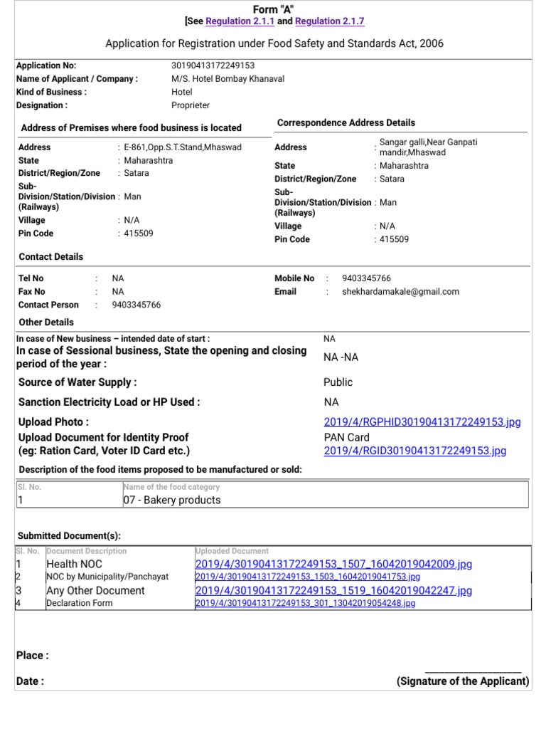 Application For Registration Under Food Safety and Standards Act, 2006 ...