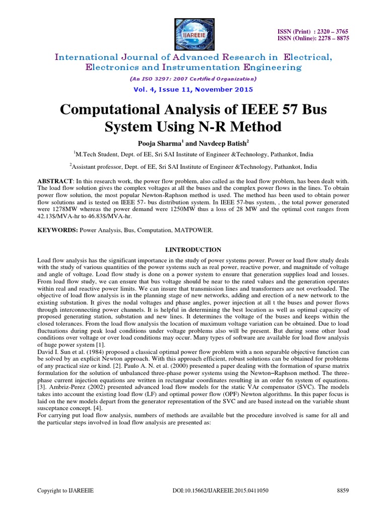 Computational Analysis of IEEE 57 Bus System Using N-R Method | PDF ...