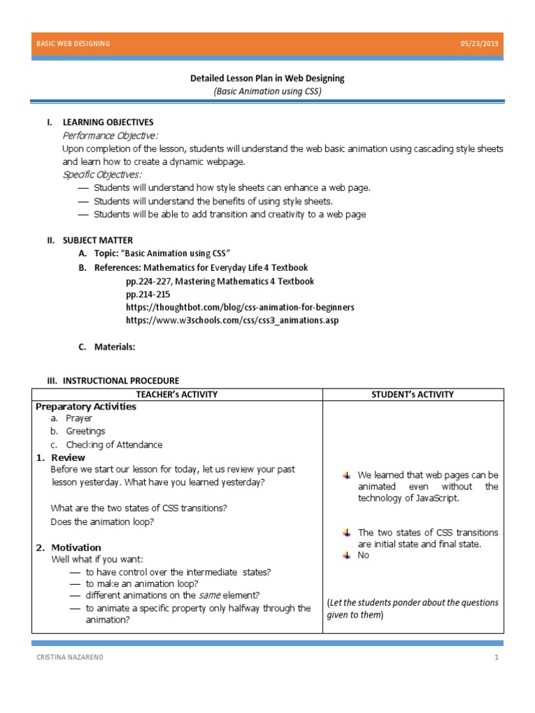 Detailed Lesson Plan in Web Designing | PDF | Cascading Style Sheets ...