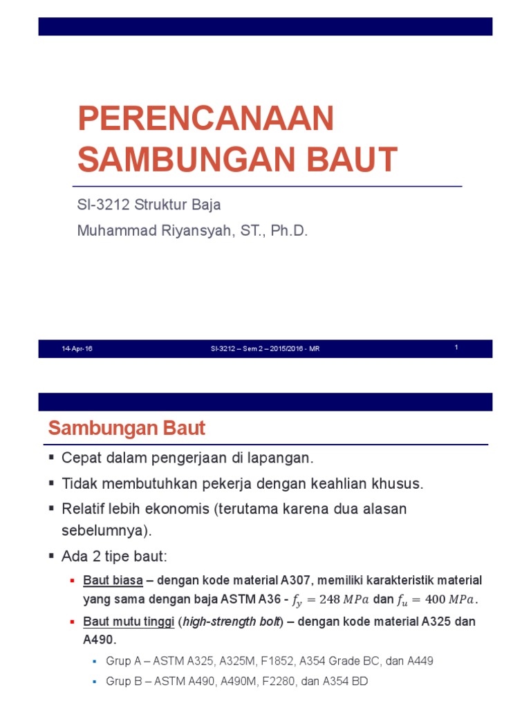 Set 08 - Perencanaan Sambungan Baut - SNI 1729-2015 + TUGAS | PDF ...