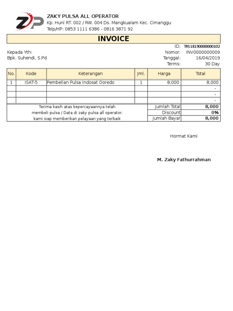 Invoice: Zaky Pulsa All Operator | PDF
