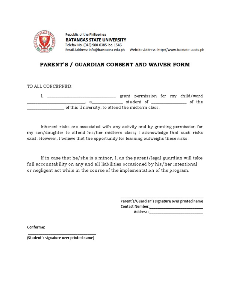 Parent'S / Guardian Consent and Waiver Form | PDF