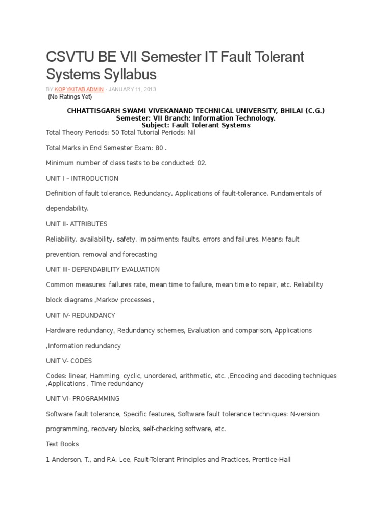 CSVTU BE VII Semester IT Fault Tolerant Systems Syllabus | Download ...