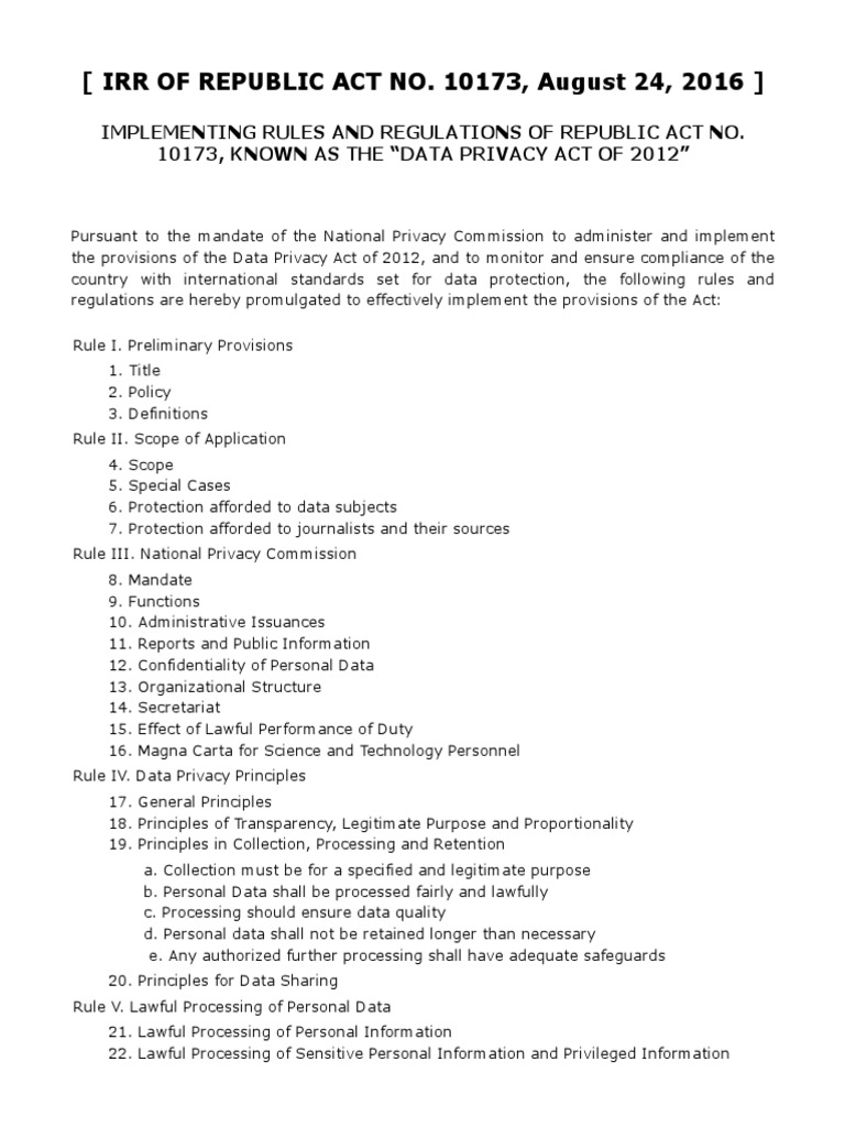 IRR of RA 10173 Data Privacy Act of 2012 | PDF | Privacy | Personally ...