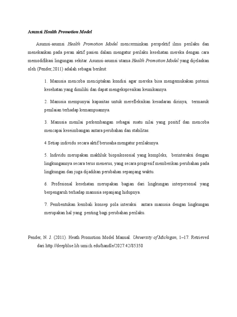 ASSUMPTIONS OF THE HEALTH PROMOTION MODEL | PDF