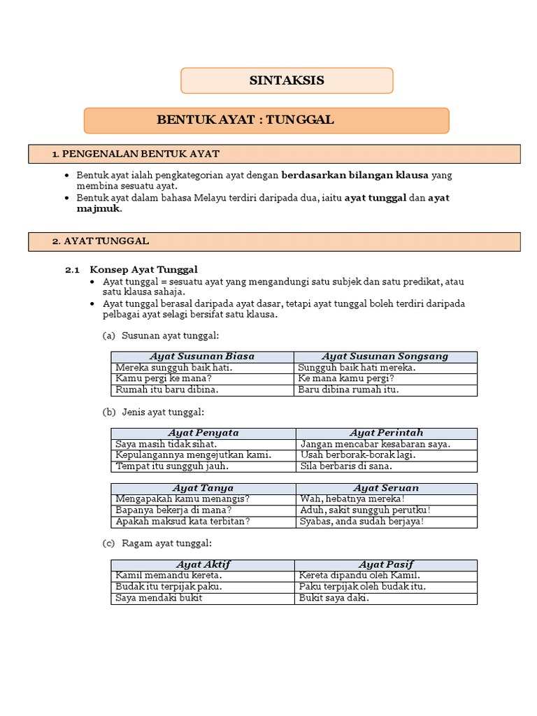Sintaksis Bentuk Ayat Ayat Tunggal | PDF