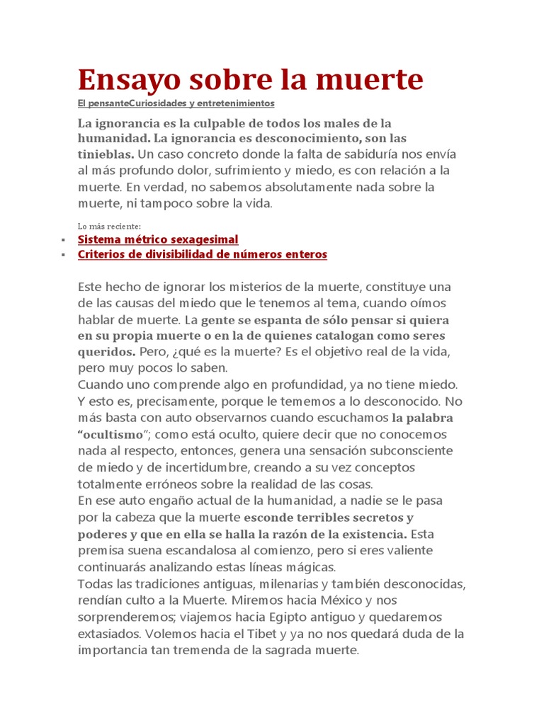 Ensayo Sobre La Muerte | PDF | Ignorancia | Muerte