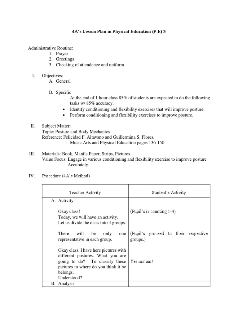 4a's Lesson Plan in Physical Education (P.E) 3 | PDF | Physical ...