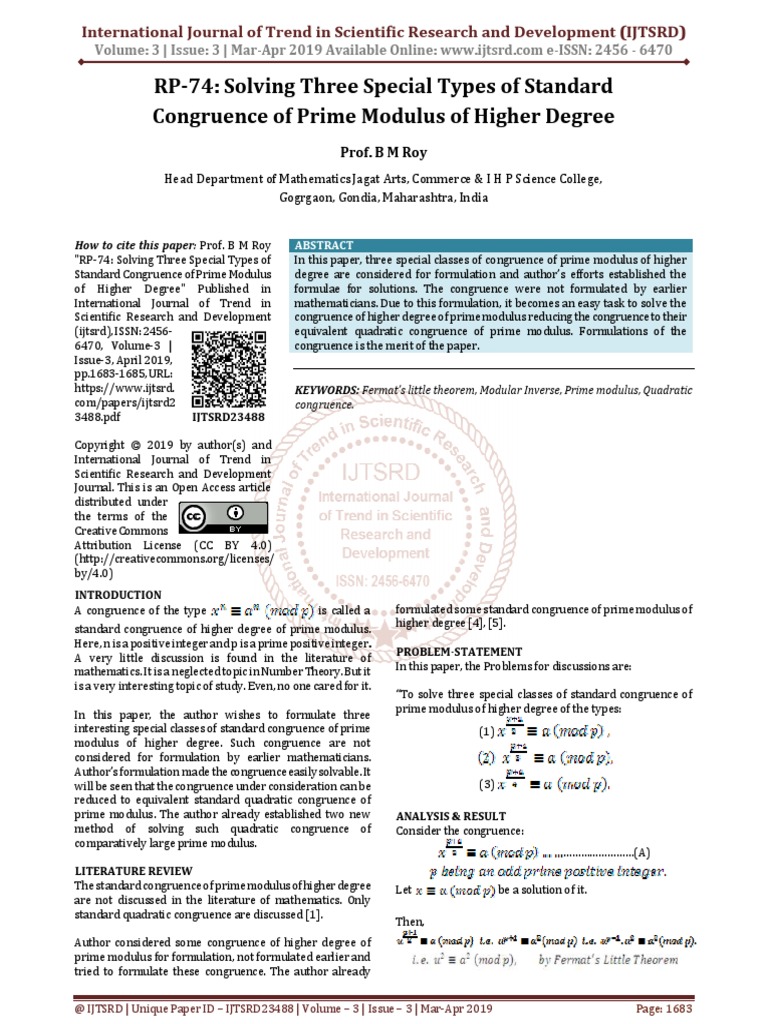 RP-74: Solving Three Special Types of Standard Congruence of Prime ...