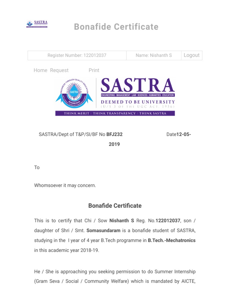 SASTRA - Bonafide Certificate | PDF