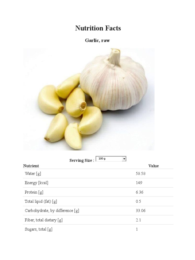 Garlic Nutrition Facts | PDF | Nutrition Facts Label | Nutrients