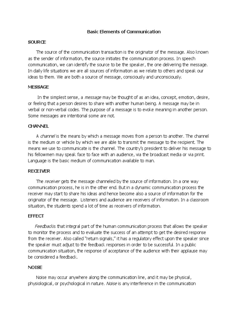 Basic Elements of Communication Source: Message | PDF | Communication ...