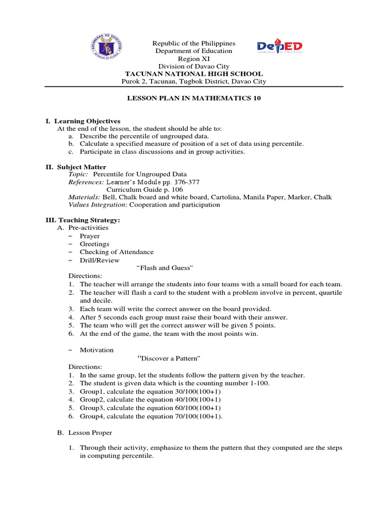 Math 10 Percentile | PDF | Percentile | Lesson Plan