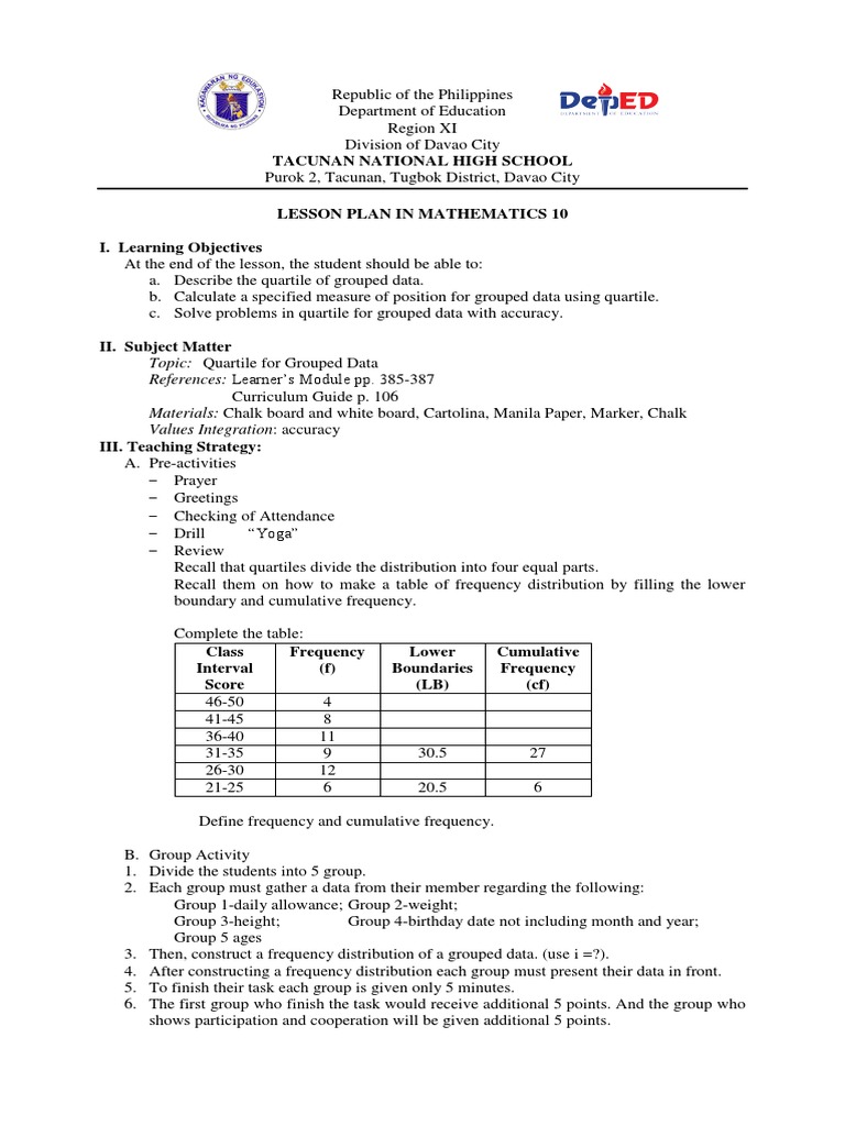 Quartile For Group Data | PDF | Quartile | Lesson Plan