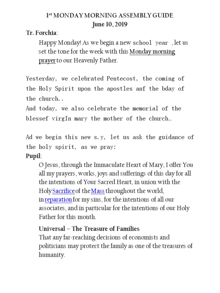 Monday Morning Assembly Prayer Guide | PDF | Prayer | Jesus