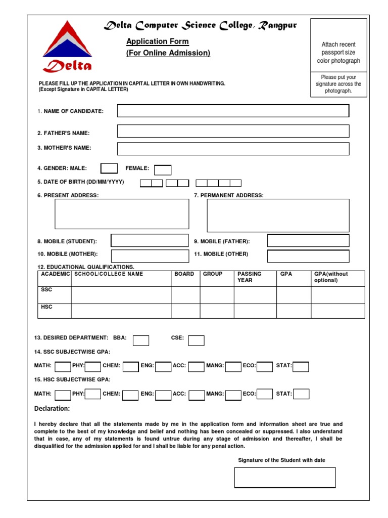 Delta Admission Application Form | PDF
