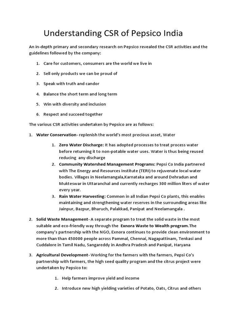 CSR of PEPSICO India | PDF | Pepsi Co | Corporate Social Responsibility
