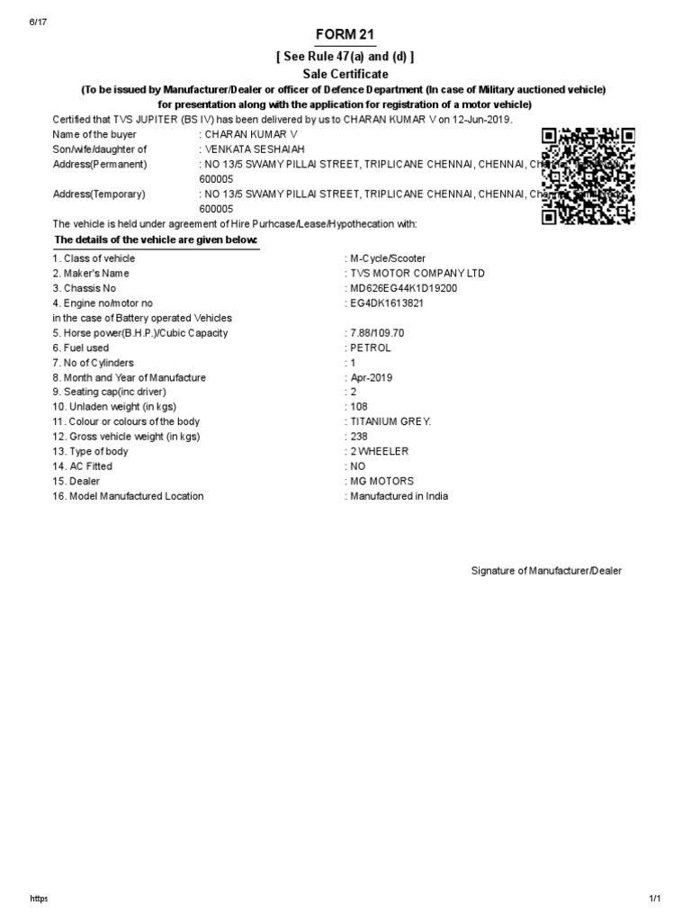 Form 21: (See Rule 47 (A) and (D) ) Sale Certificate | Download Free ...