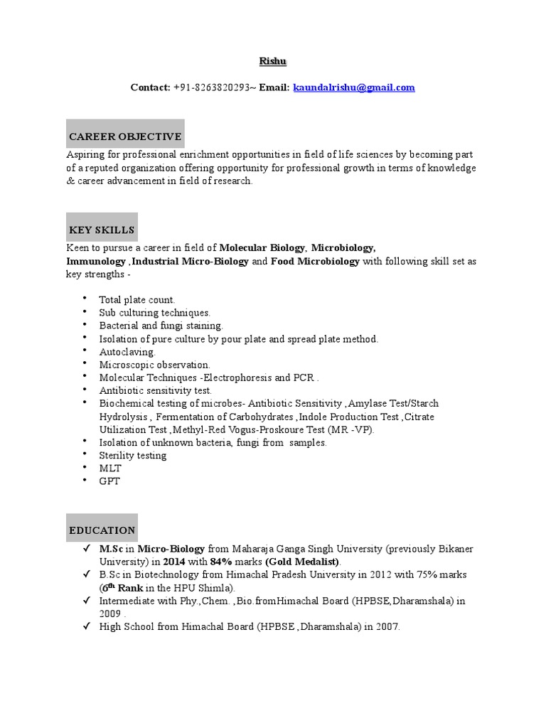 Rishu's Microbiology Resume | PDF | Microbiology | Hygiene