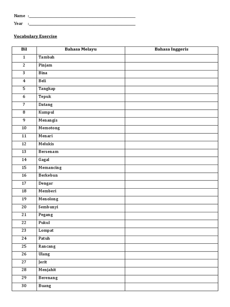 Vocabulary Matching Exercise: English to Malay | PDF