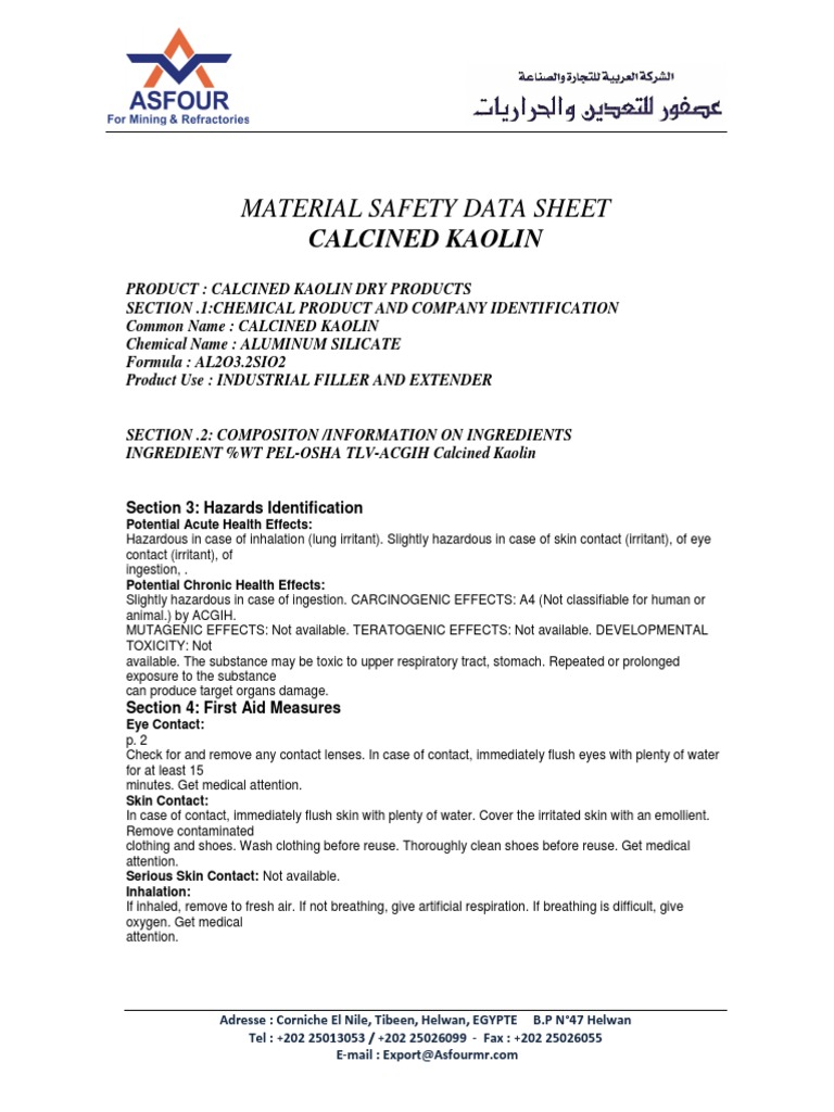 Material Safety Data Sheet Calcined Kaolin (Chamotte) - United State ...