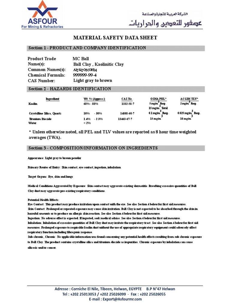 Material Safety Data Sheet: Al Si O (OH) | PDF | Dangerous Goods ...