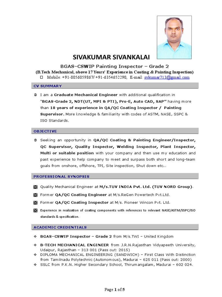 Resume - Sivakumar - BGAS - Grade2 Painting Inspector | PDF ...